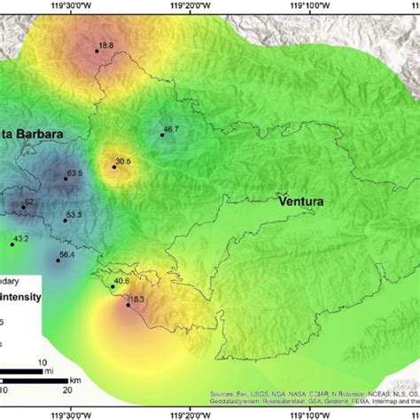 Inverse Distance Weighted Interpolation Showing Spatial Distribution Of