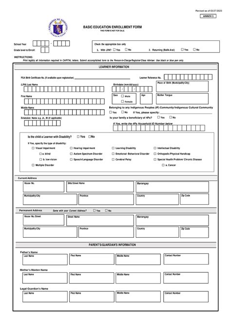 Annex Basic Education Enrollment Form Place Of Birth Municipalitycity School Year Grade