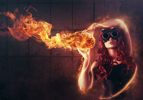 Wallpaper Digital Art Women Redhead Necklace Goggles Fire