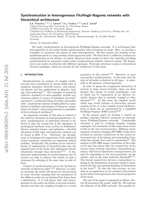 Pdf Synchronization In Heterogeneous Fitzhugh Nagumo Networks With