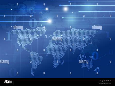 abstract technology binary code world map on dark blue background stock