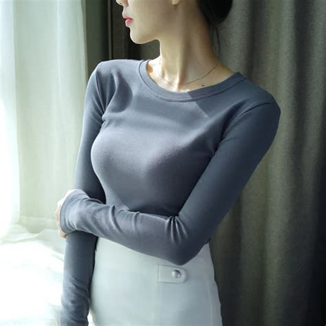 2019 New Woman Elastic Skinny Tee Shirts Long Sleeve O Neck Solid Slim