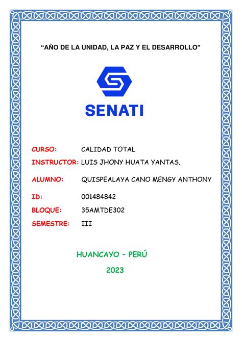Calidad Total Trabajo Final AÑO DE LA UNIDAD LA PAZ Y EL DESARROLLO CURSO CALIDAD TOTAL