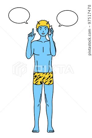 穿著虎紋褲子的藍魔男一邊打電話一邊指著傳統活動節分 插圖素材 97517478 PIXTA圖庫