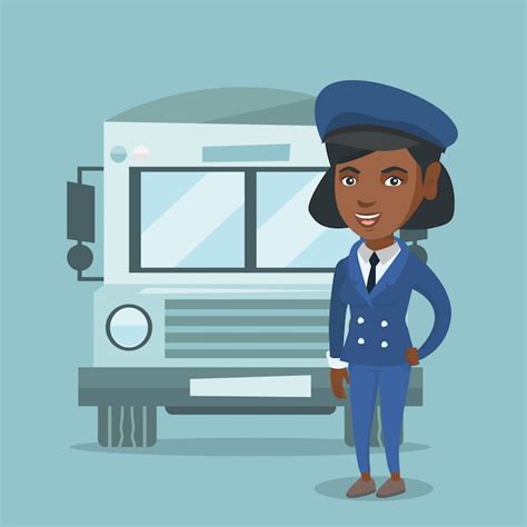 Joven Mujer Afroamericana Conductor Del Autobús Escolar Vector Premium