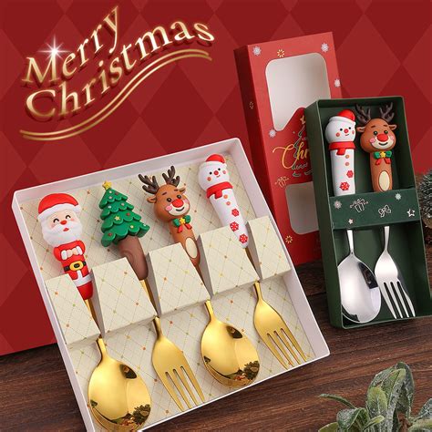 KATELV Christmas Spoon And Fork Set Moose Snowman Dessert Spoon Fork