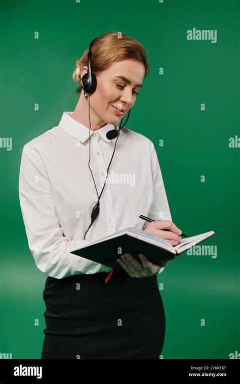 A Professional Woman Engages With Customers Wearing A Headset And