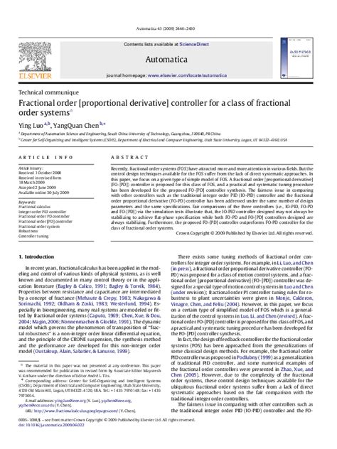 Pdf Fractional Order Proportional Derivative Controller Tuning For Motion Systems