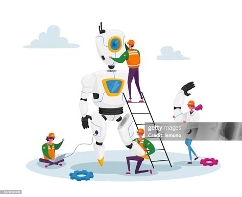 Engineers Scientists Tiny Characters Making Programming Huge Robot In Science Laboratory