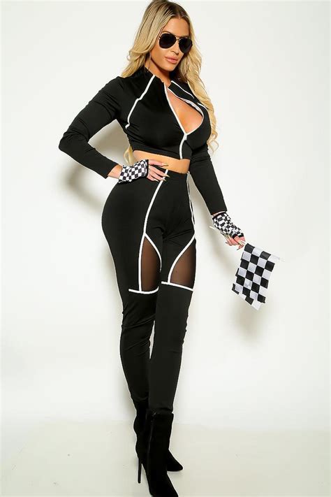 Black White Sexy Long Sleeve Top 2 Pc Costume Amiclubwear