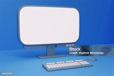 흰색 빈 화면이 있는 3d 공간에 있는 데스크톱 컴퓨터입니다 디자인을위한 모형 0명에 대한 스톡 사진 및 기타 이미지 0명