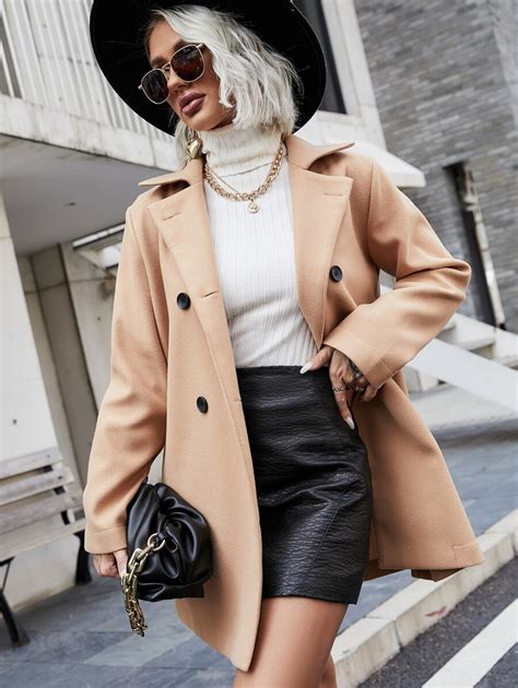 SHEIN LUNE Sobretudo Duplo Abotoado Sólido Casaco Feminino Elegante de Final de Outono