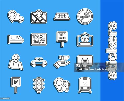 ライントレインタクシーの場所タクシーの運転免許証車の屋根高速列車スタンドアイコンの道路標識を設定しますベクトル アイコンのベクターアート