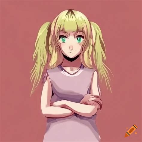 Anime Girl With Blonde Hair And Green Eyes In A Pink T Shirt With Arms