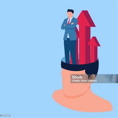 위쪽 화살표 옆에 큰 머리에 서 있는 사람 성장하는 마음의 은유 개발에 대한 스톡 벡터 아트 및 기타 이미지 개발 개선