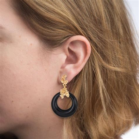Vintage 70s Onyx Gold Nugget Earrings 14k Yellow Round Hoops Freeform