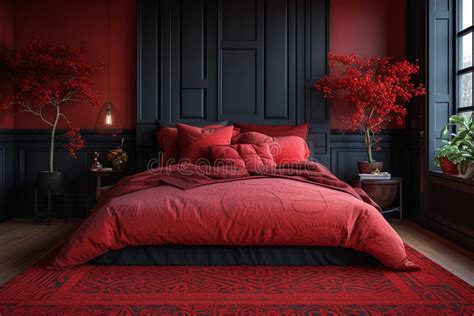 Modern Black And Red Bedroom With A Large Bed Stock Illustration