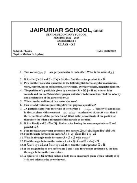 motion in a plane worksheet1 pdf euclidean vector velocity