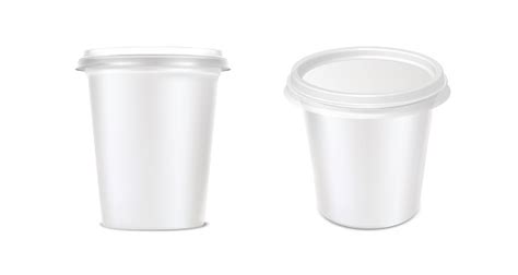 リアルなベクター画像アイコンセット乳製品ヨーグルトのモックアップふた付き白いサワークリームのプラスチックの箱側面図と上面図白い背景に分離型