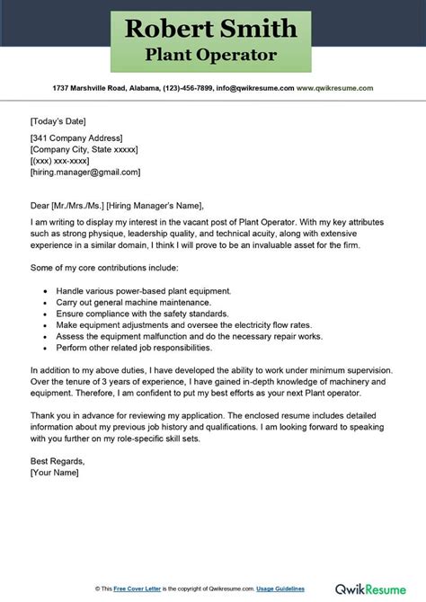 Plant Operator Cover Letter Examples QwikResume