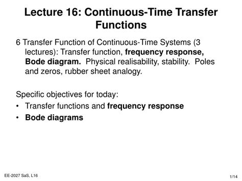 Ppt Lecture 16 Continuous Time Transfer Functions Powerpoint