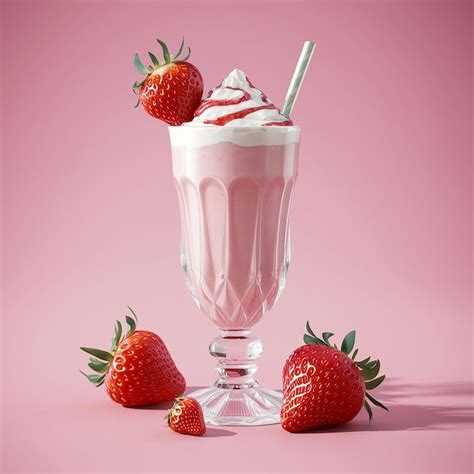 Strawberry Milkshake In A Fancy Glass Premium Ai Generated Image