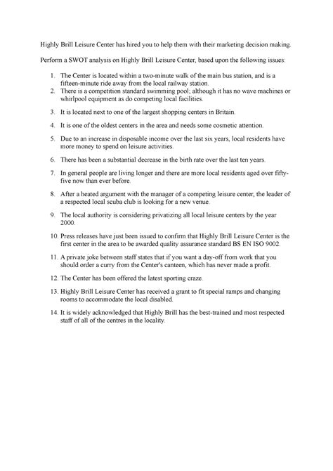 Swot Exercise Highly Brill Leisure Center Has Hired You To Help Them With Their Marketing