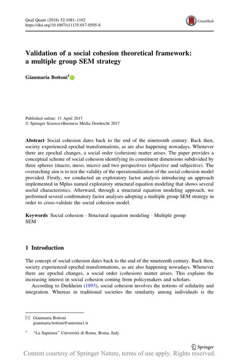 Validation Of A Social Cohesion Theoretical Framework A Multiple Group