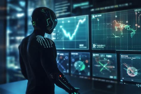 Premium Ai Image Futuristic Human Robot Computer Screen Data Analytic