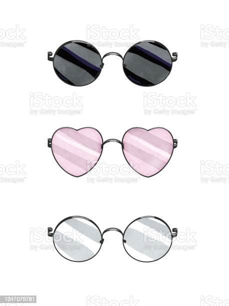 Set Of Watercolor Glasses Sunglasses Rosecolored Heartshaped Glasses