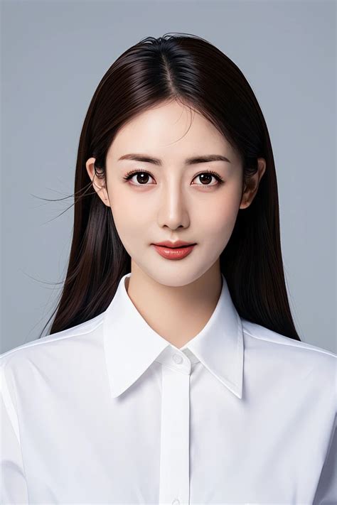 一个青春靓丽的漂亮姑娘标准证件，白衬衫，精致的妆容，微笑，标准证件照，背景纯色 7 花瓣网