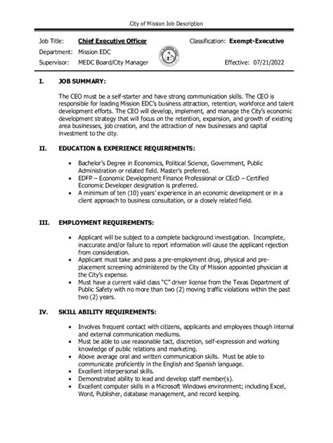 Fillable Online Job Title Chief Executive Officer Classification