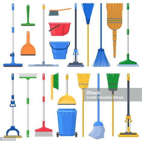 가정용 청소 걸레 빗자루 스윕 특종 및 플라스틱 양동이 청소 면봉 걸레 빗자루 깃털 먼지와 먼지 통 벡터 일러스트레이션 세트 집 청소 용품 가사 집안일에 대한 스톡 벡터