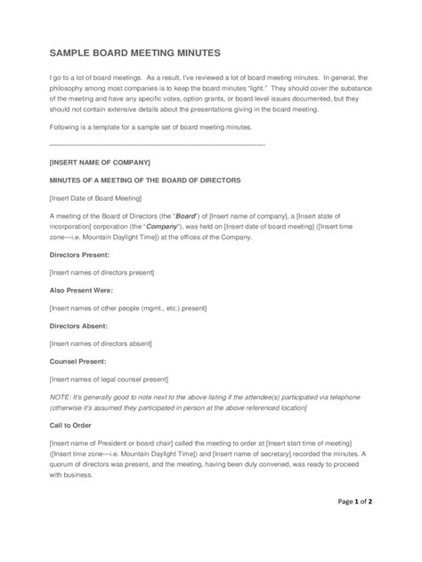Board Meeting Minutes Template Fillable Printable Pdf Forms