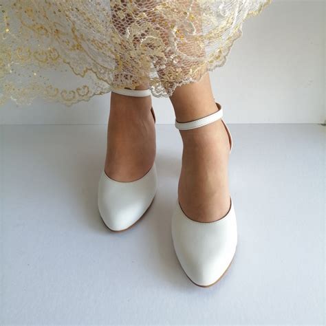 Low Block Heel Wedding Shoes White Leather Pumps Closed Toe Etsy