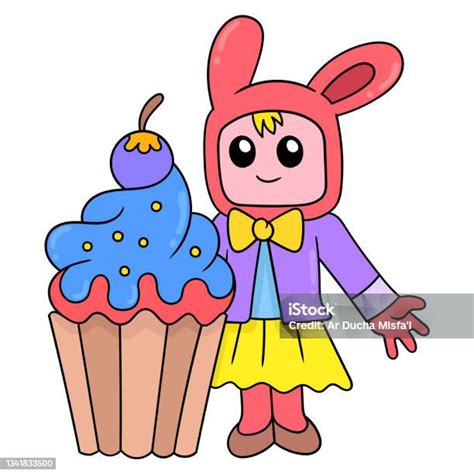 행복한 여성 토끼 포옹 거대한 컵 케이크 벡터 일러스트 아트 낙서 아이콘 이미지 가와이이 가공의 인물에 대한 스톡 벡터 아트 및