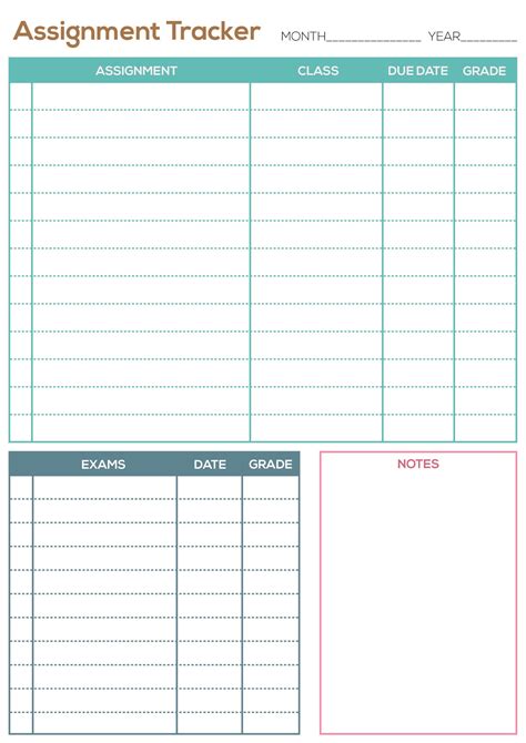 Assignment Tracker Colour Month Year Assignment Class Due Date Grade Exam Date Grade