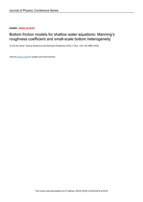 Pdf Bottom Friction Models For Shallow Water Equations Mannings Roughness Coefficient And