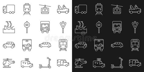 Set Line Minibus Train And Railway Road Traffic Signpost Cable Car