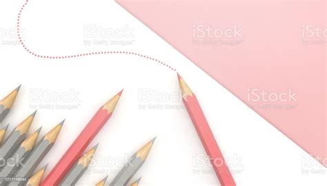 분홍색 배경의 흰색 종이에 격리 된 분홍색 연필과 점선 및 회색 연필 그룹을 닫는 상단보기로 복사 공간을 갖춘 미니멀 템플릿