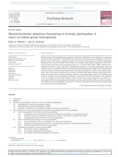 Pdf Mesocorticolimbic Dopamine Functioning In Primary Psychopathy A
