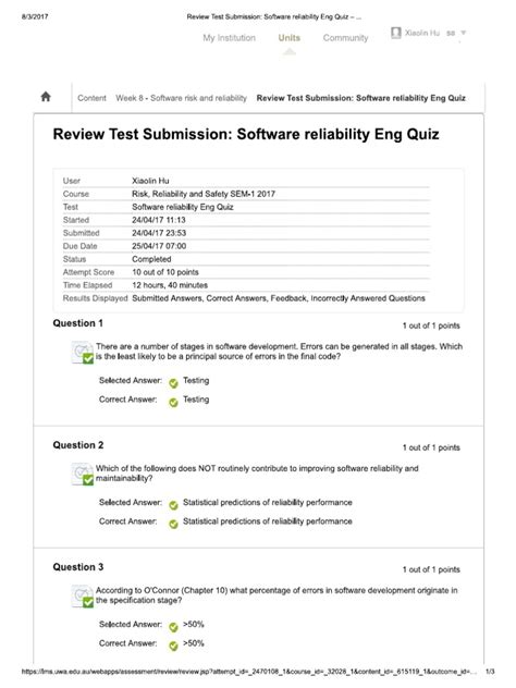 Software Reliability Eng Quiz Pdf