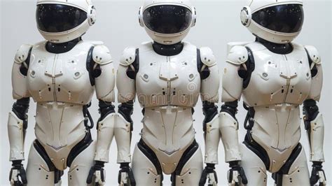 Three White Robots Standing Next To Each Other With Helmets On Ai