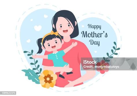 해피 어머니의 날 플랫 디자인 일러스트레이션 12월 22일 인사말 카드 또는 포스터를 위해 아기를 안고 있거나 자녀와 함께 하는
