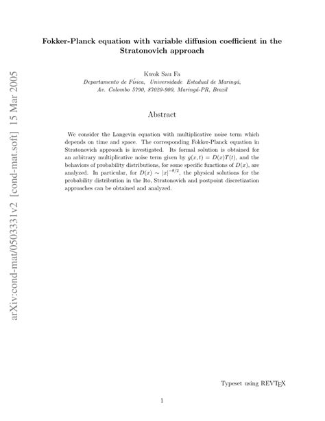 Pdf Exact Solution Of The Fokker Planck Equation For A Broad Class Of Diffusion Coefficients