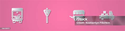 종이 컷 배달화물 트럭 도로 교통 표지판 와일드 웨스트 커버 마차 및 아이콘을 설정합니다 종이 아트 스타일 벡터 3차원 형태에 대한 스톡 벡터 아트 및 기타 이미지 Istock