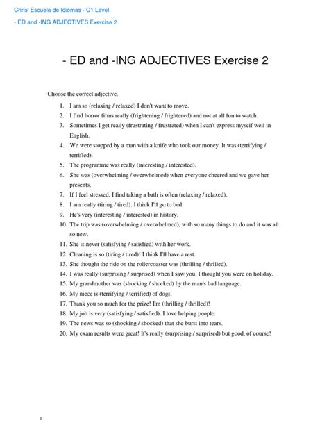 Ed And Ing Adjectives Exercise 2 Chris Escuela De Idiomas Pdf