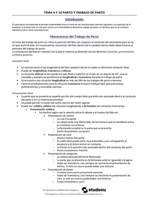Tema 9 Y 10 Parto Y Trabajo De Parto Pdf Parto Pelvis