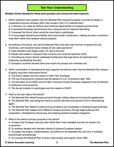The Marshall Plan Reading Comprehension Worksheet Cold War