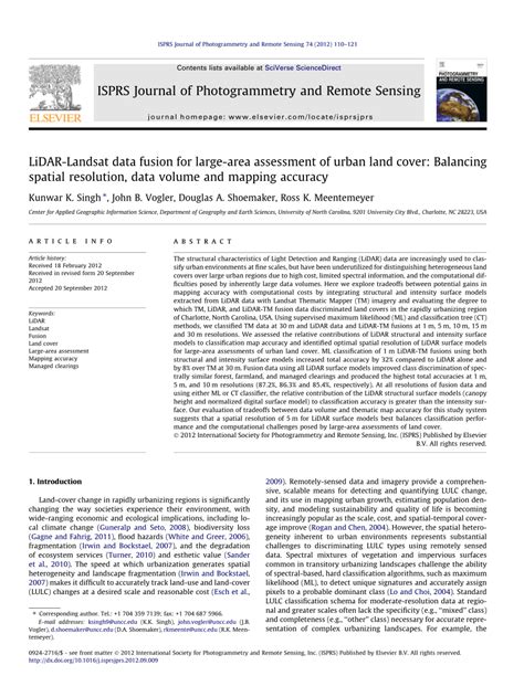 Pdf Lidar Landsat Data Fusion For Large Area Assessment Of Urban Land Cover Balancing Spatial